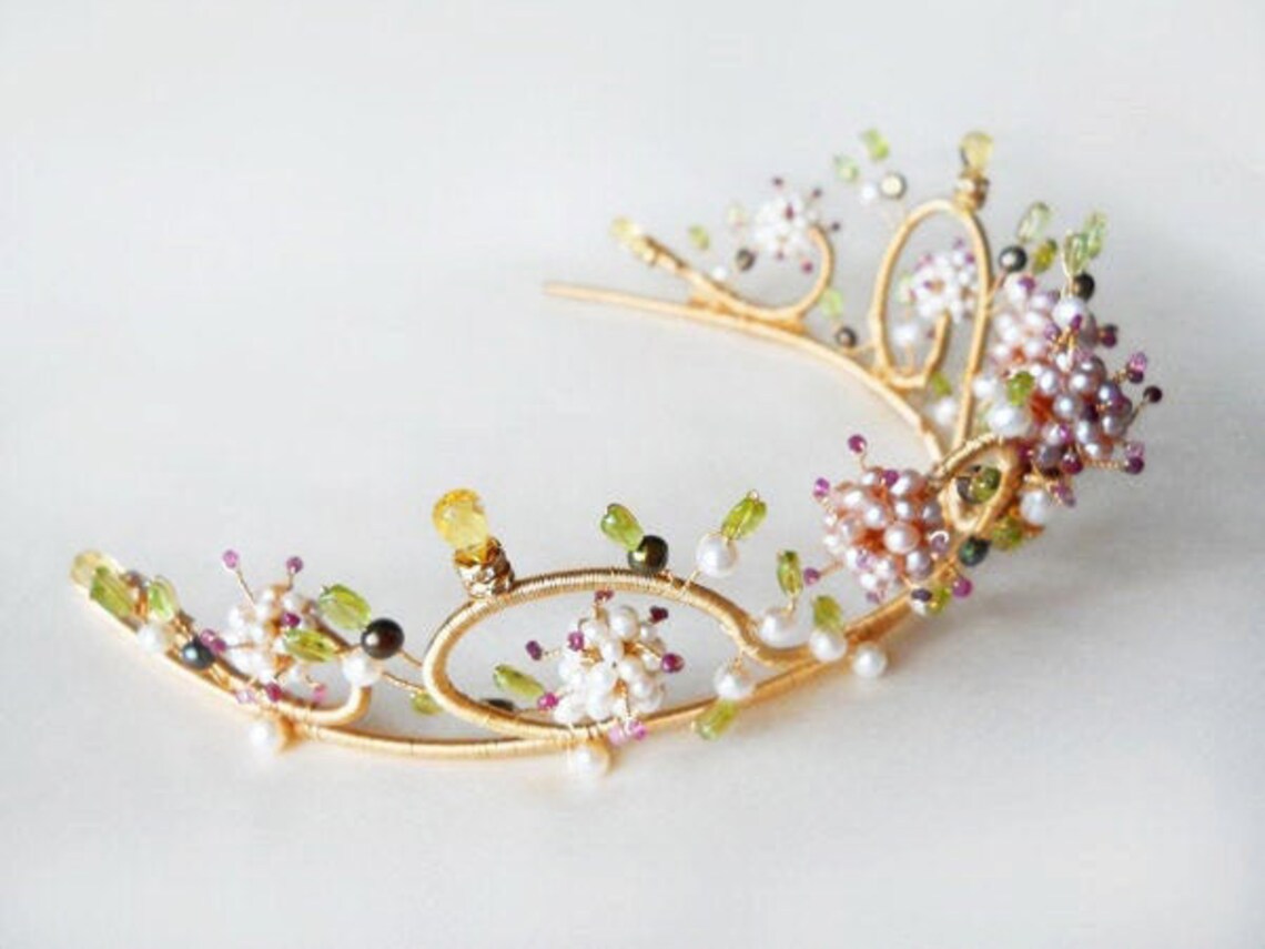 Bridal Gold Tiara Ruby and Pearl Multi-gemstone Floral Motif - Etsy