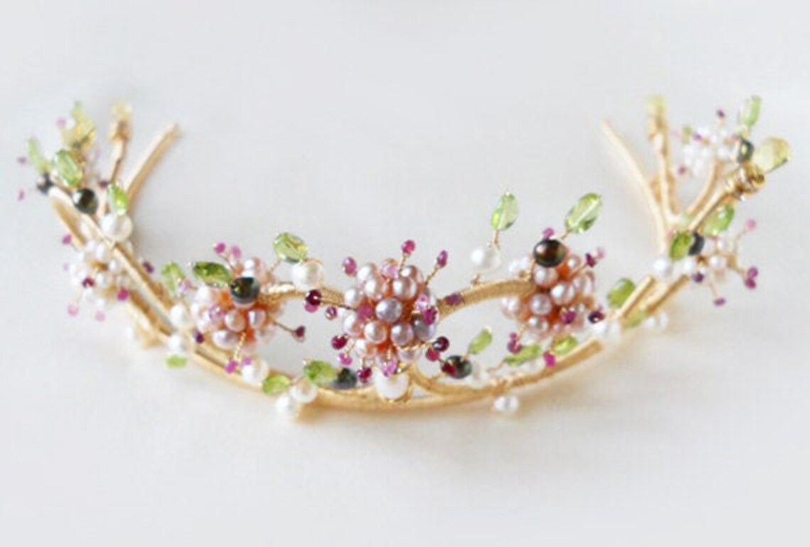 Bridal Gold Tiara Ruby and Pearl Multi-gemstone Floral Motif - Etsy