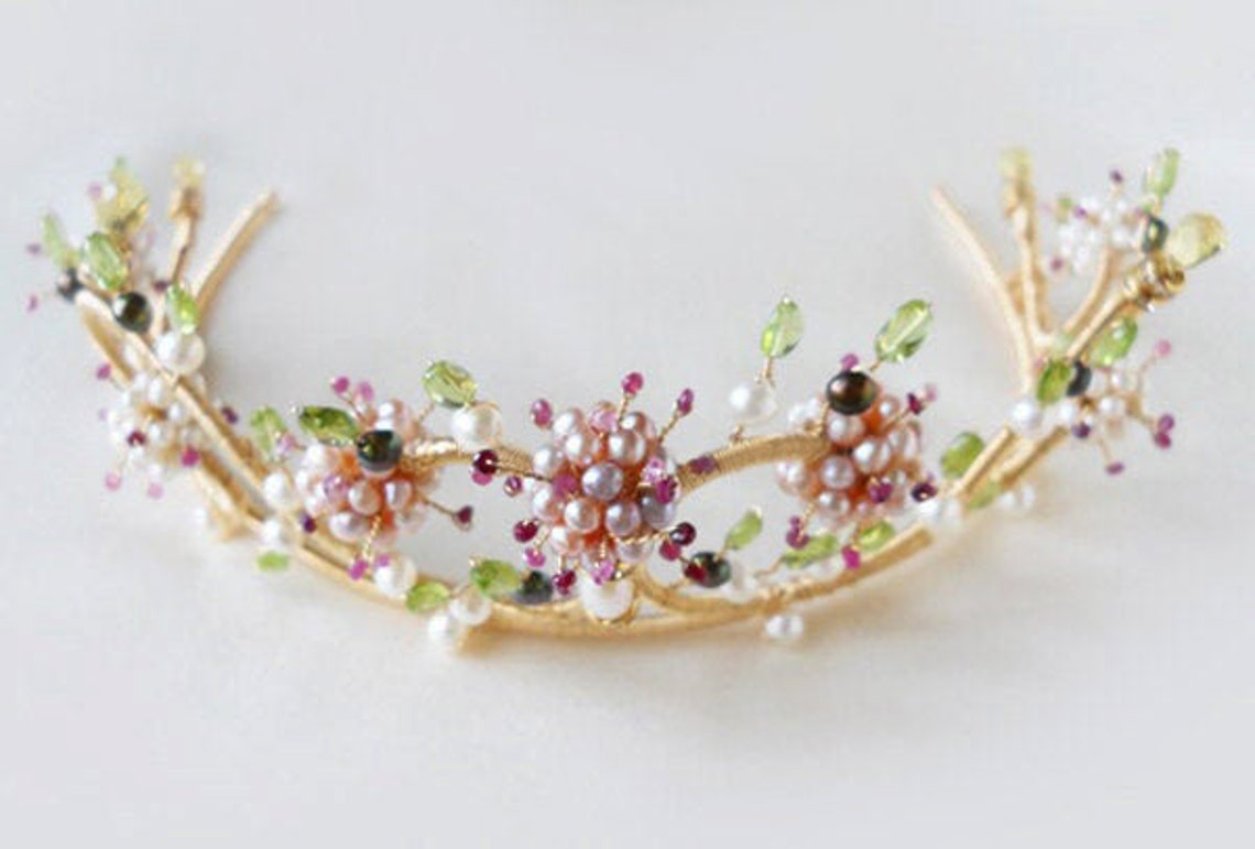 Bridal Gold Tiara Ruby and Pearl Multi-gemstone Floral Motif - Etsy