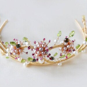 Bridal Gold Tiara, Ruby and Pearl Multi-gemstone Floral Motif Gold ...
