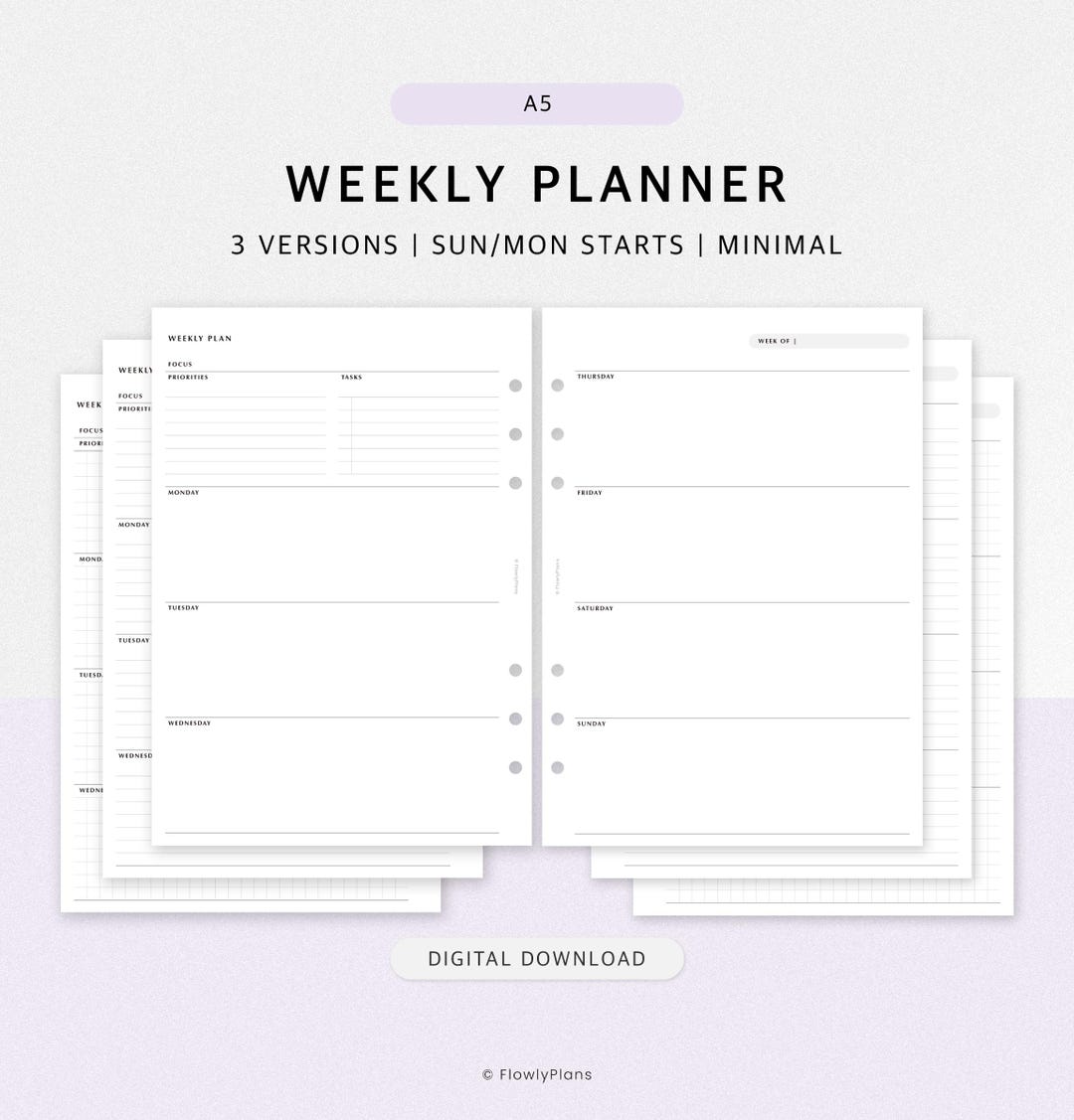 Simple Weekly Planner A5 Printable | Undated Insert Minimal WO2P ...