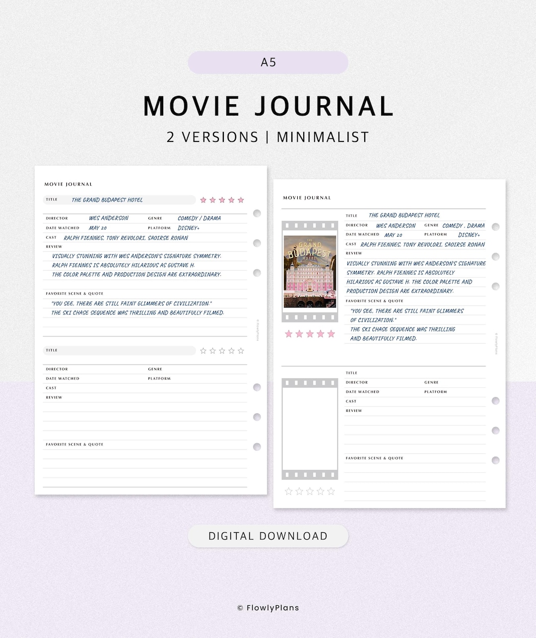 Movie Journal Printable | A5 Planner Insert | Film Journal, Movie ...