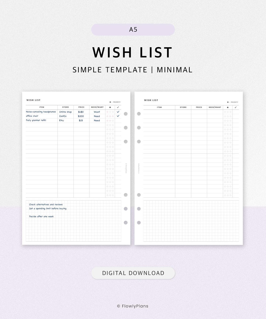 Wish List Printable A5 Planner Insert | Shopping Wishlist Template ...