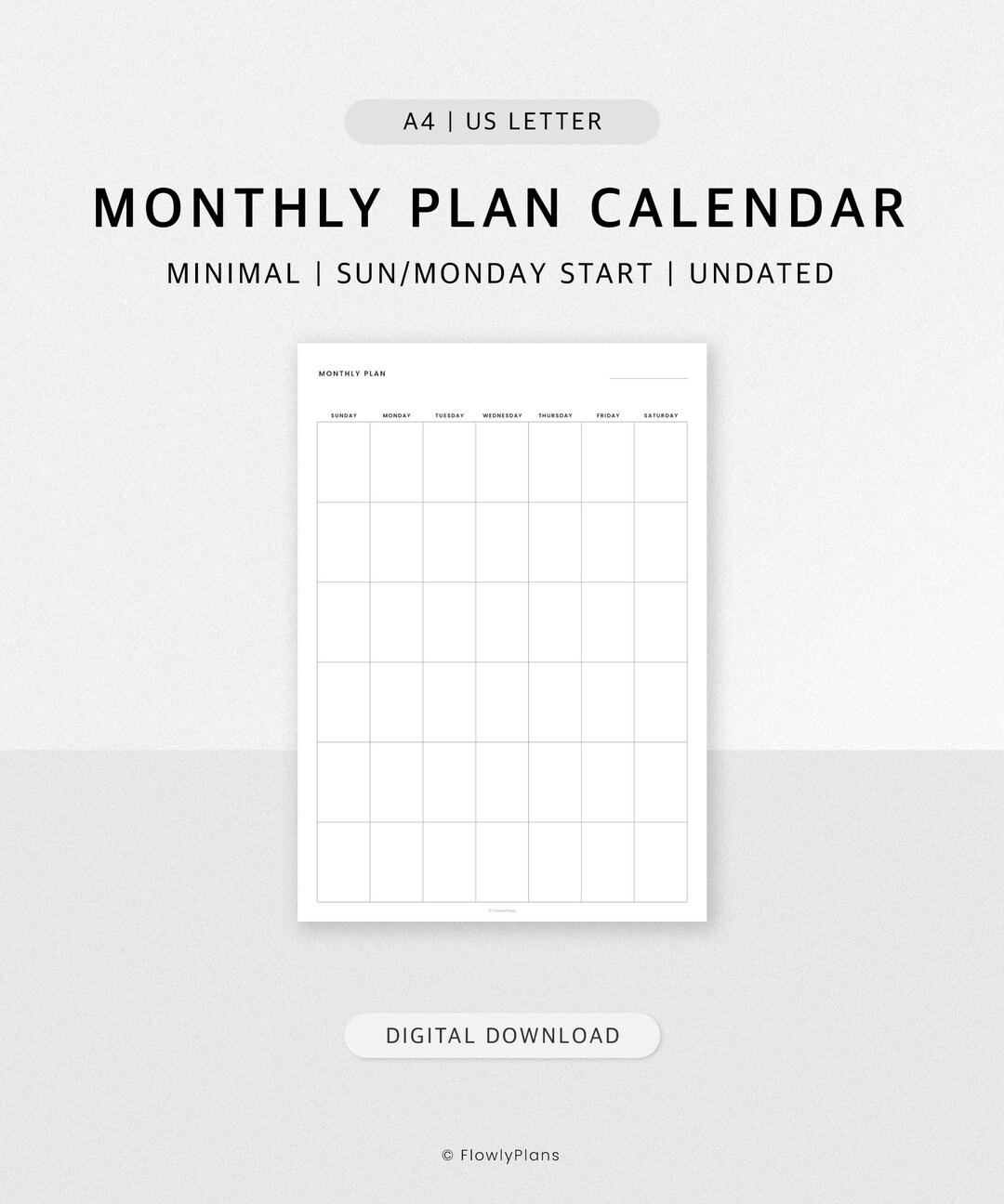 Undated Monthly Planner Printable | A4 Letter | Simple Blank Minimal ...