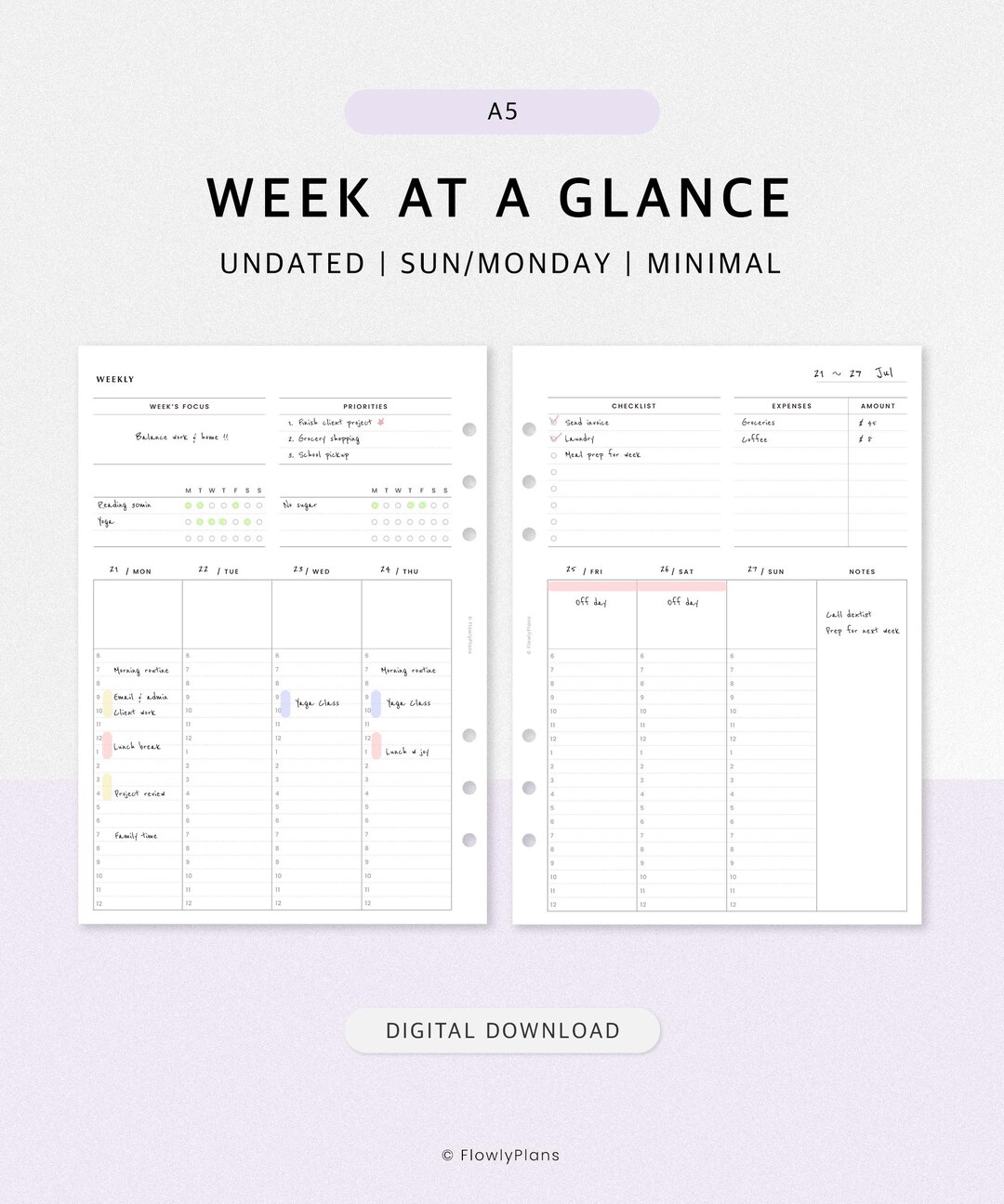 Week at a Glance Weekly Planner Printable | A5 Inserts | WO2P Hourly ...