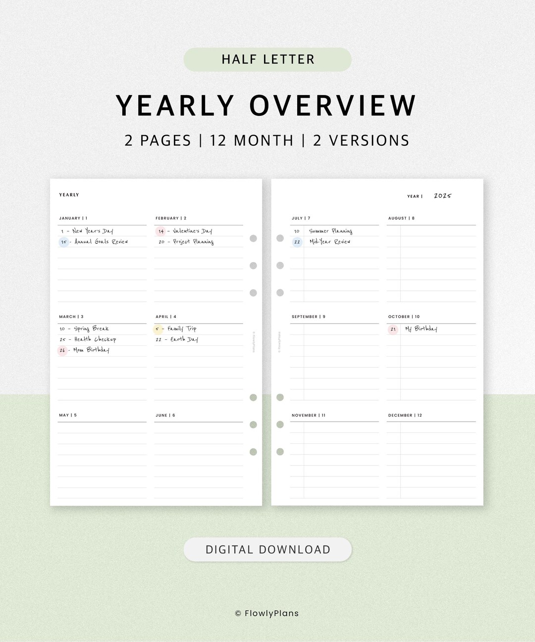 Yearly Overview Planner Printable | Half Letter Year at a Glance ...