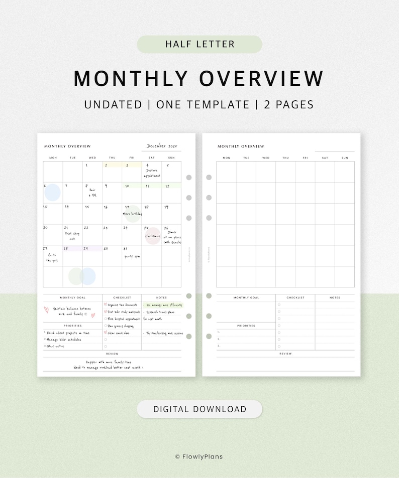 Monthly Overview Printable Planner | Half Letter Inserts | Undated ...