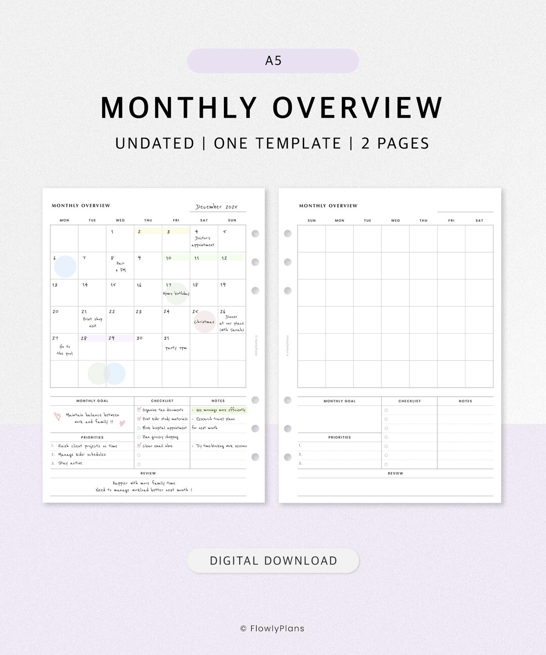 Monthly Overview Printable Planner | A5 Inserts | One Template | Blank ...