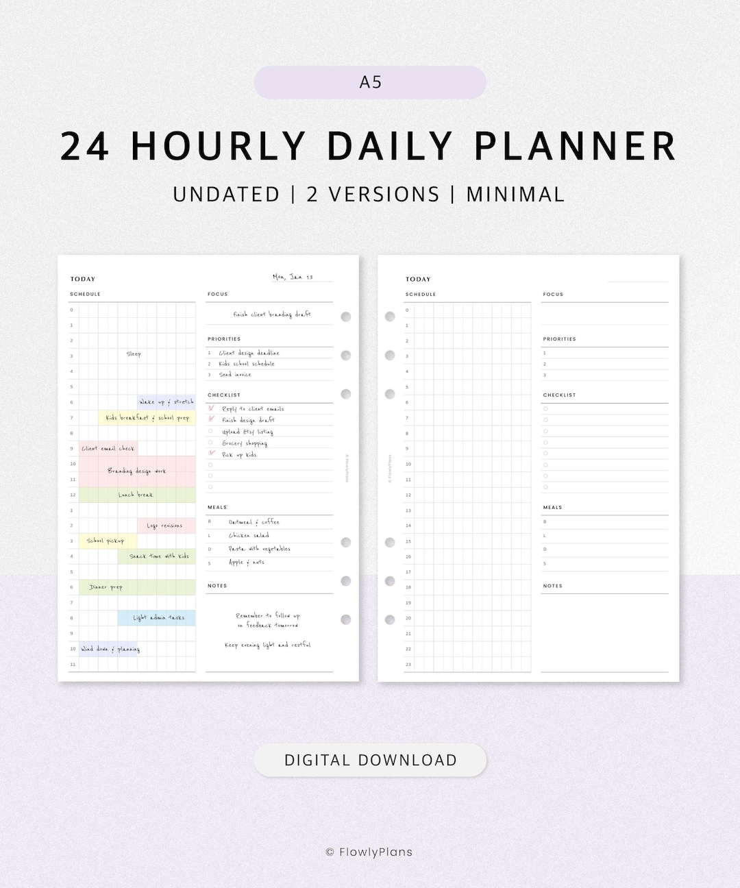 24 Hour Daily Planner Printable | A5 Inserts | Hourly Schedule, Time ...