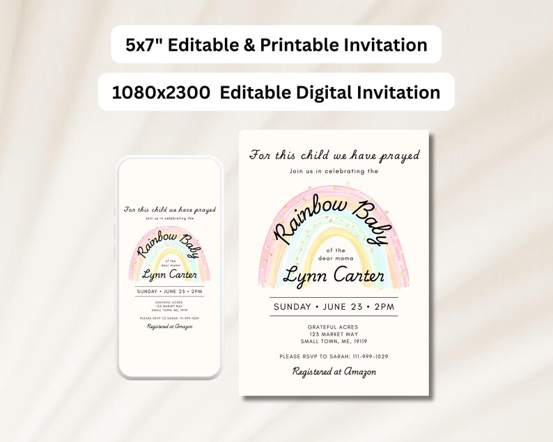 Rainbow Baby Shower Invitation Bundle, Baby After Loss, Editable Template (digital Download ...