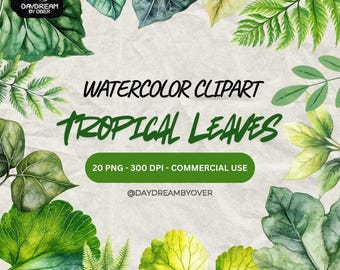 Watercolor Tropical Leaf Clipart, Greenery PNG, Monstera, Palm (digital ...