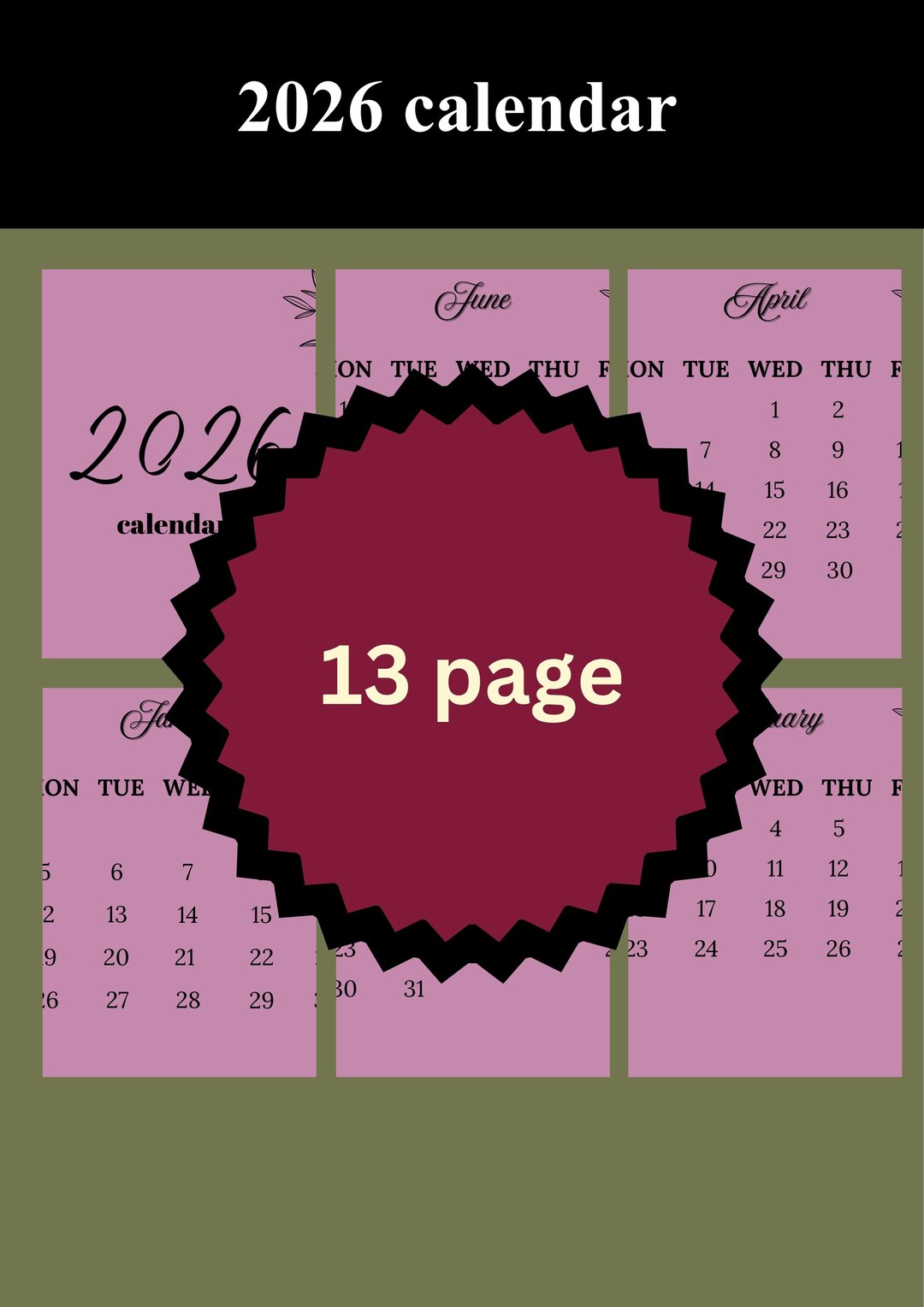 2026 Monatskalender zum Ausdrucken | Einfaches, sauberes Design ...