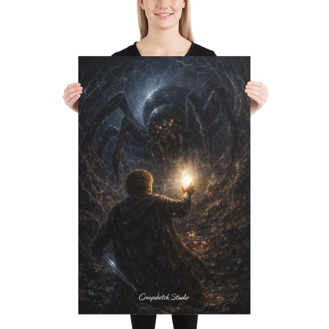 Sam VS Shelob - Dark Fantasy Spider Cavern Poster | Cinematic Charcoal ...