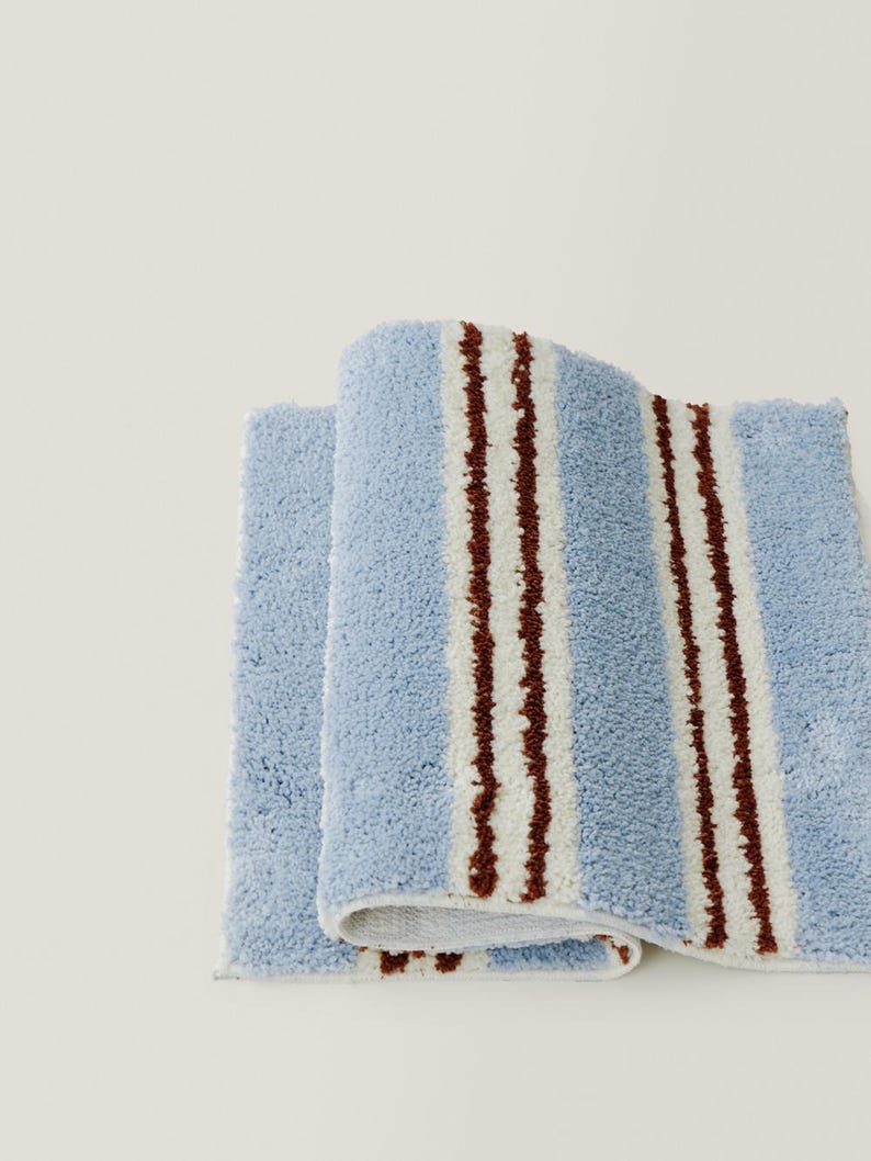 Korean Striped Tufted Rug, Milk Blue Non-slip Bedside Mat - Etsy