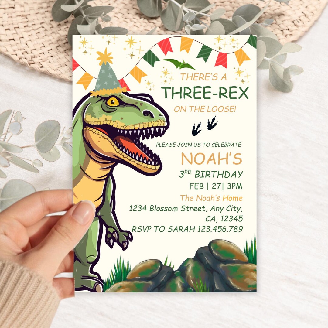 Editable Dinosaur 3rd Boy Birthday Invitation, Three-rex on the Loose ...