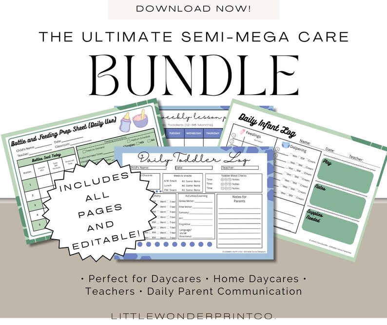 Toddler Daycare Daily Logs & Lesson Plans Bundle | Infant and Toddler ...