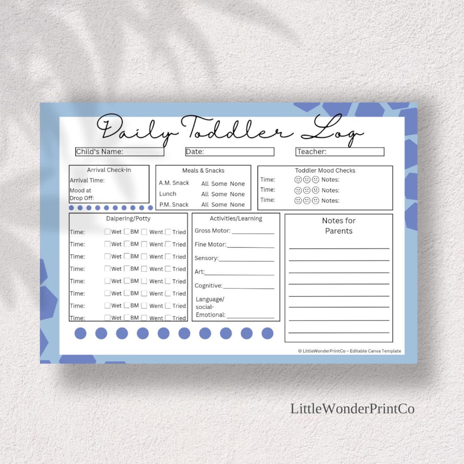 Toddler Daily Log Printable | Daycare Communication Form (PDF) - Etsy