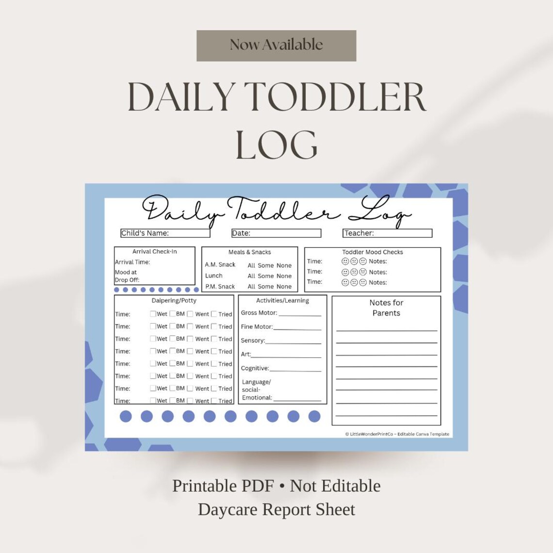 Toddler Daily Log Printable | Daycare Communication Form (PDF) - Etsy