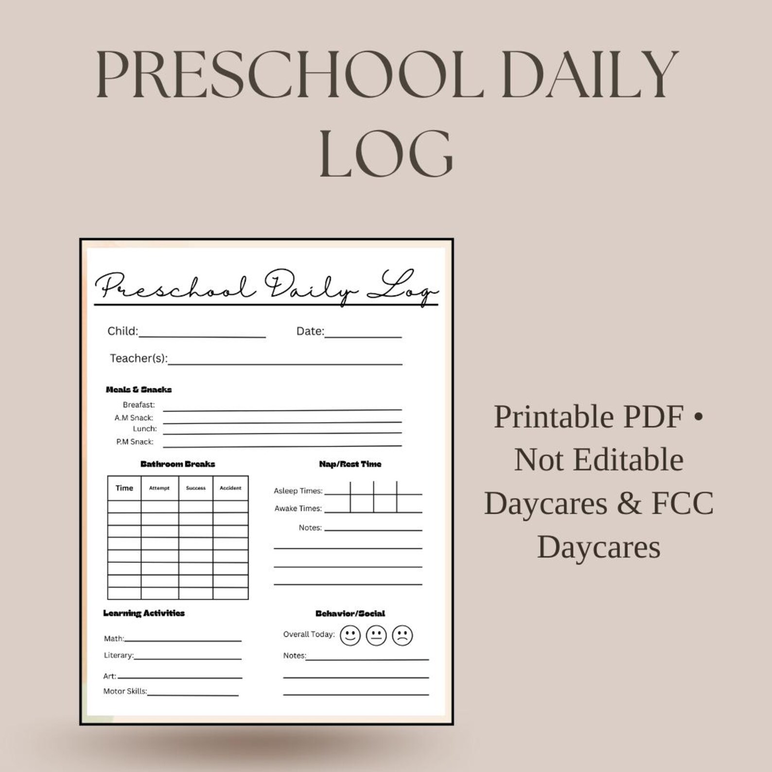 Preschool Daily Log Printable | Daycare Daily Report Sheet | Parent ...