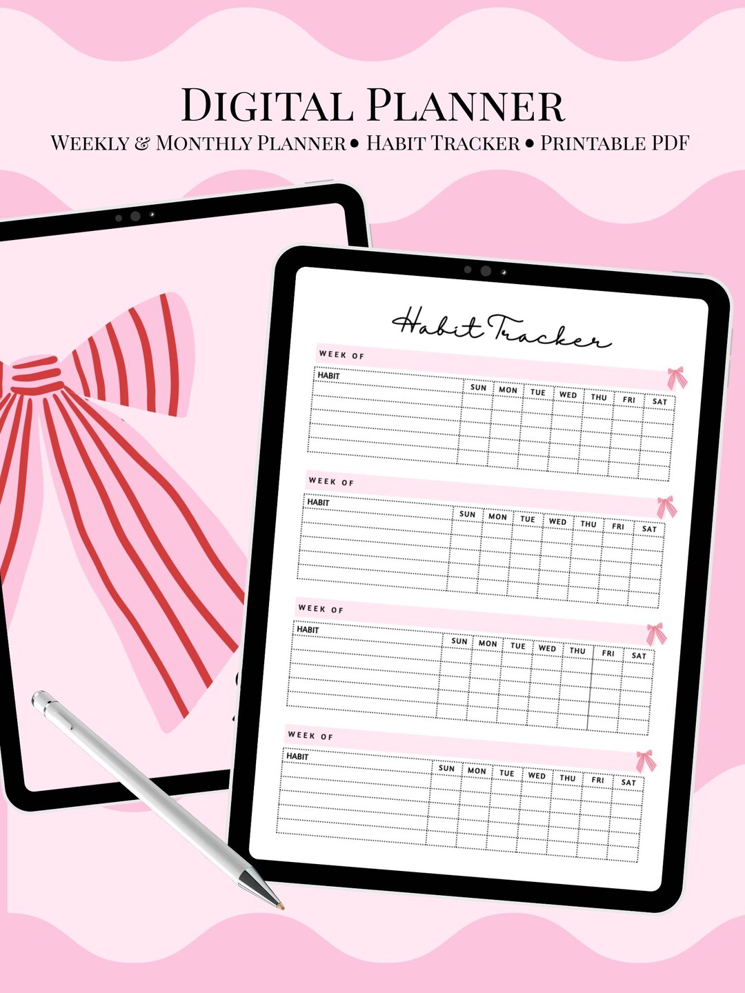 2026 Pink Bow Planner | Digital Calendar and Habit Tracker | Weekly ...