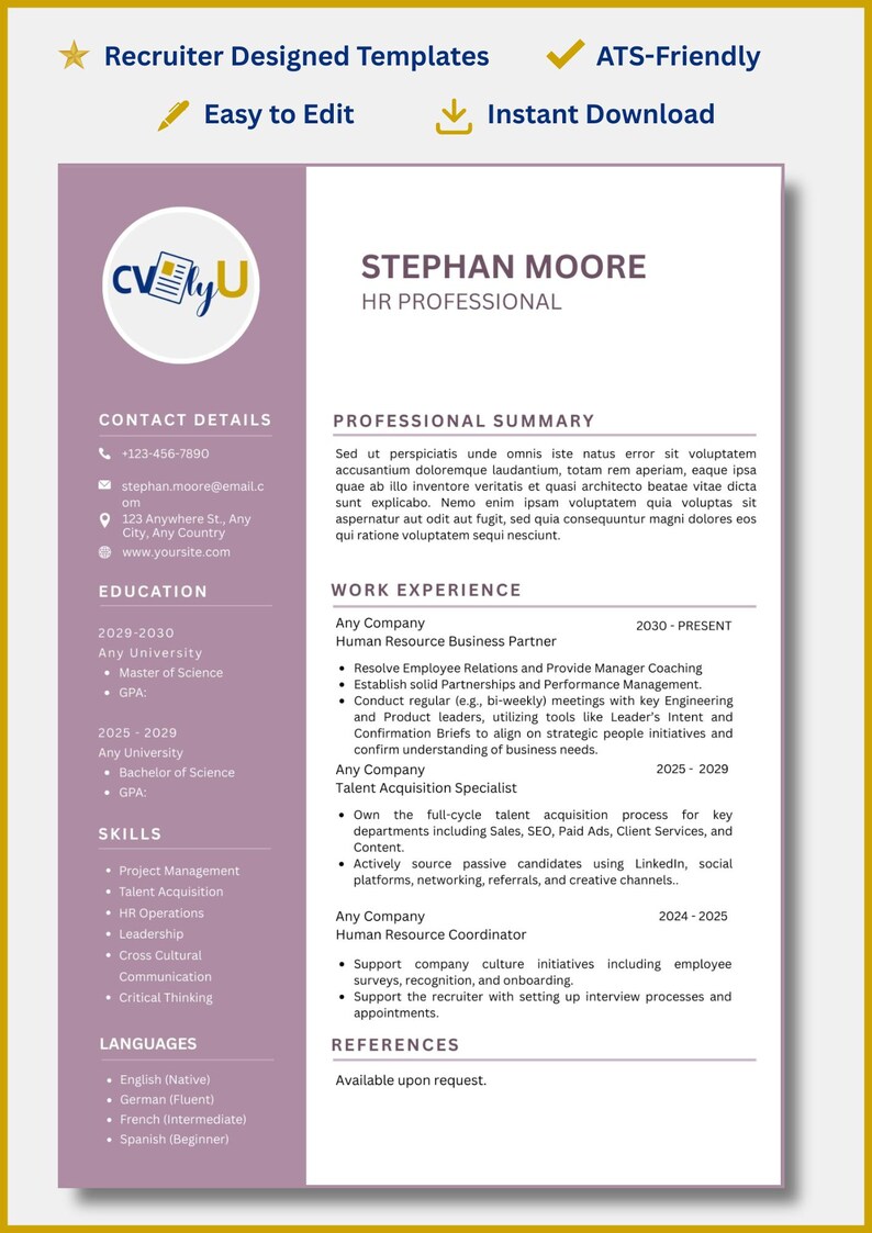 Elegant Professional Resume Template | Ats-friendly | Editable Canva CV ...