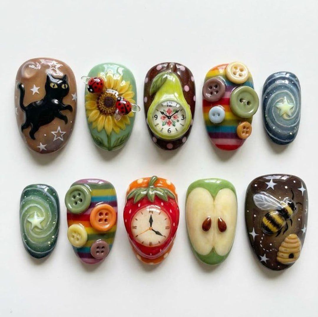 Funky 3D Button Press on Nails, Cute Strawberry Pear Clock Art, Black ...