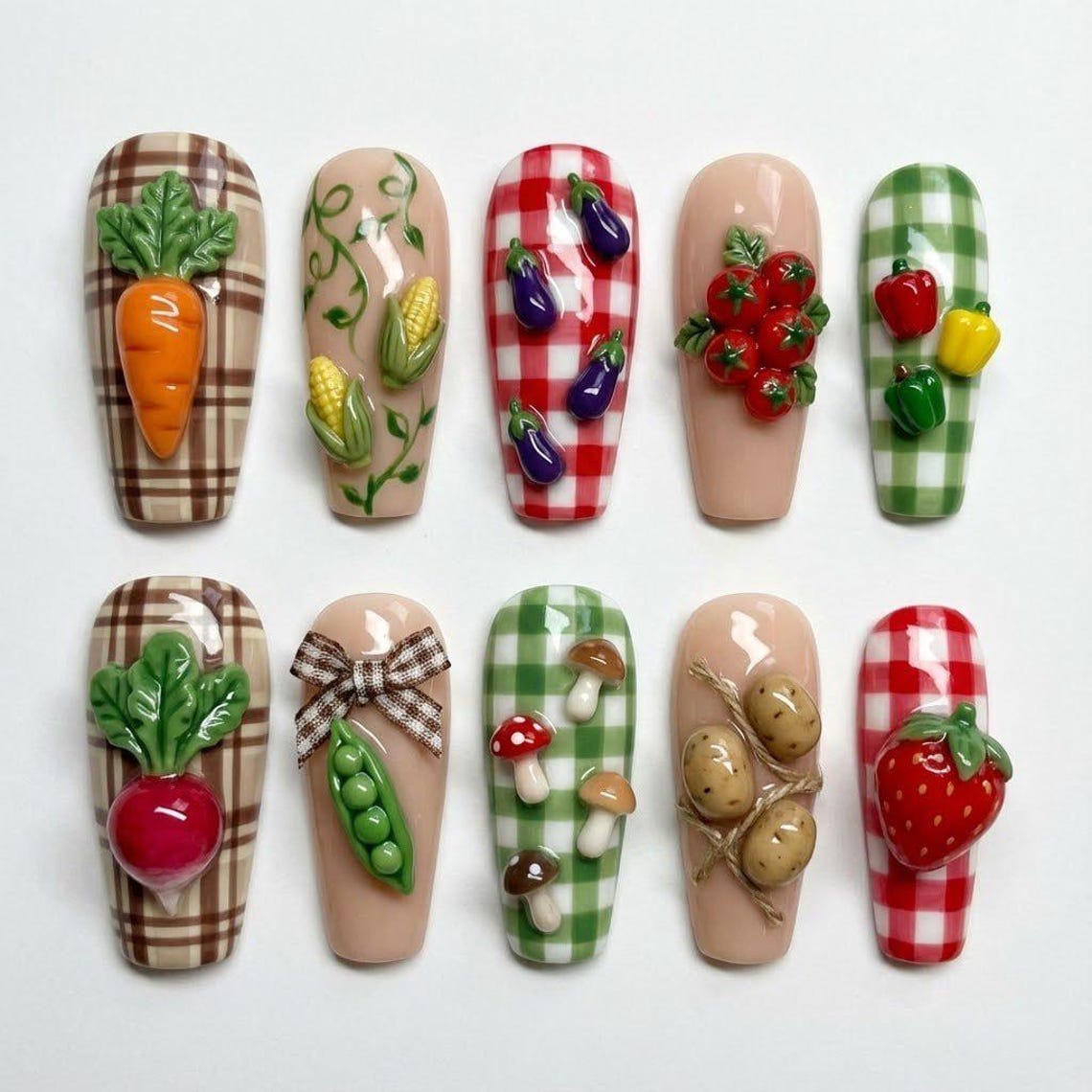 Vegetable Garden Press on Nails | 3D Carrot Corn Tomato Fake Nails ...