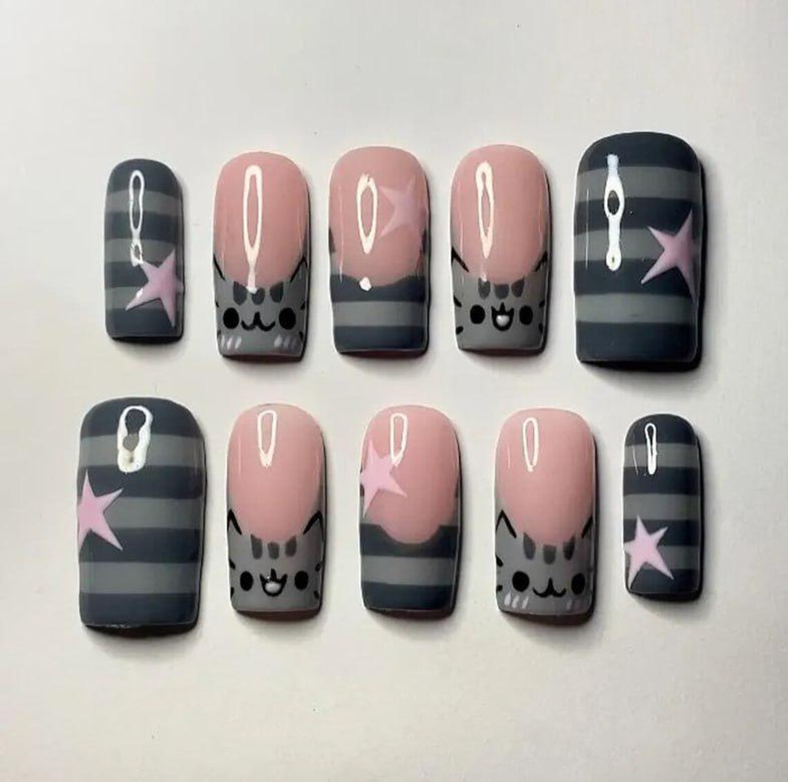 Handmade Pusheen Cat Press on Nails, Kawaii Gray Stripe Pink Star Nail ...