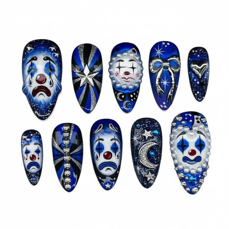 Blue Gothic Clown Press on Nails With Stars, Moon & Silver Bow, Dark ...