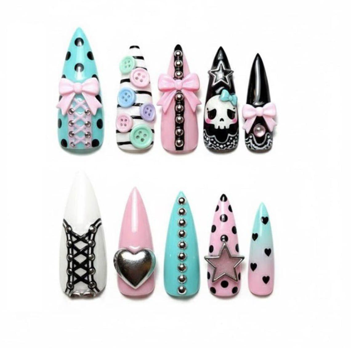 Pastel Goth Press on Nails | Cute Skull & Pink Bow Fake Nails | 3D ...