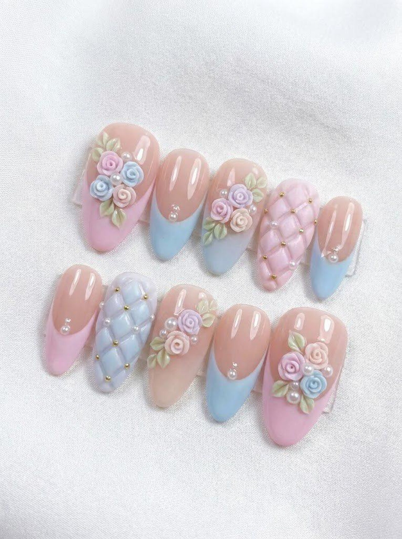 Pastel 3D Flower & Quilted Press on Nails, Pink Blue French Tip, Almond ...