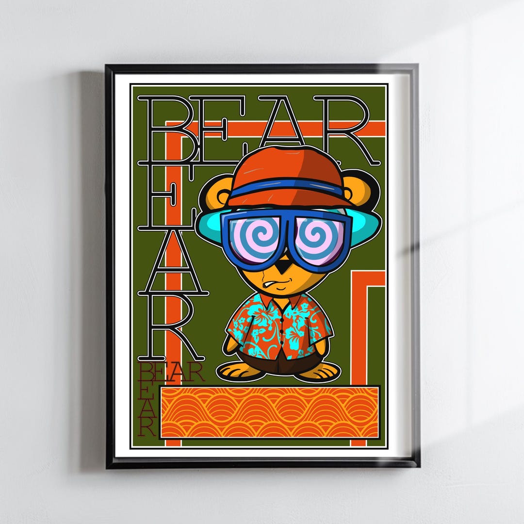 Street Art Bear Illustration – Yellow Bear With Hat & Hawaiian Shirt ...