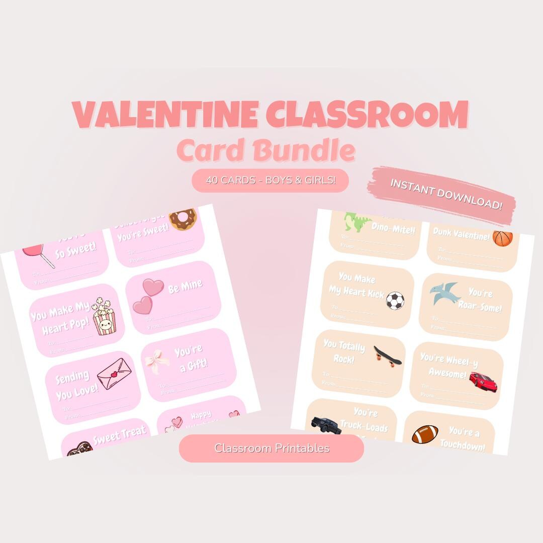 Valentine Classroom Cards Printable | Kids School Valentines | Instant ...