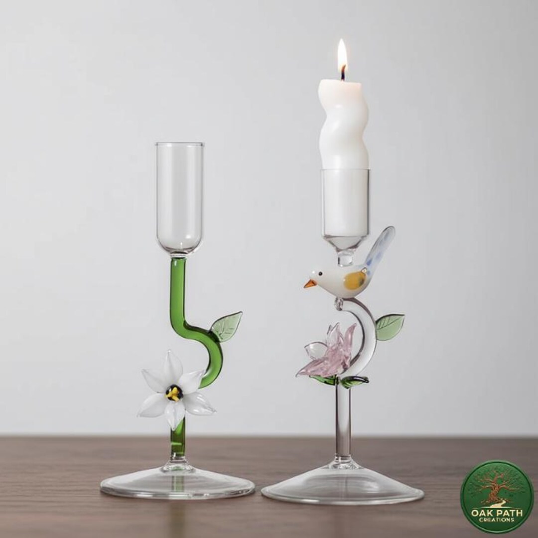 Glass Bird Flower Candle Holders, Hand Blown Taper Candlestick Set ...