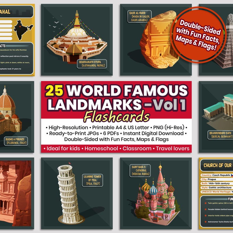 World Famous Landmarks Flashcards Vol 1 – 25 Printable Double-sided ...