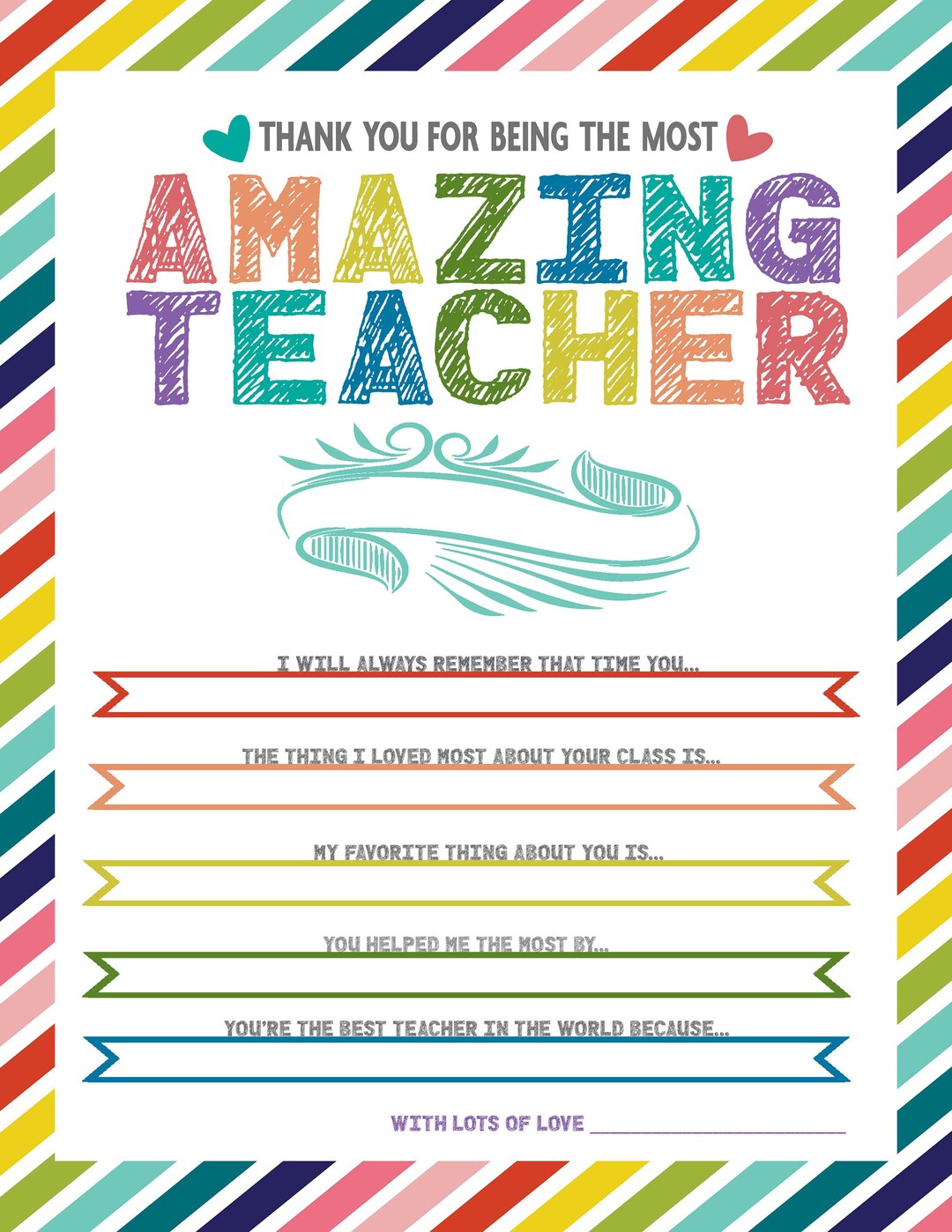 Thank You for Being the Most Amazing Teacher Printable Customizable ...