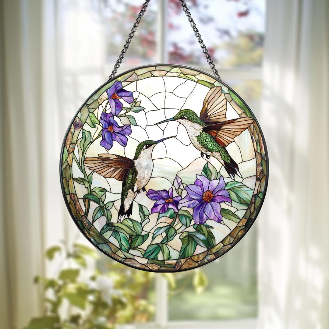 Stained Glass Hummingbird Suncatcher Round Window Hanging Floral Bird ...