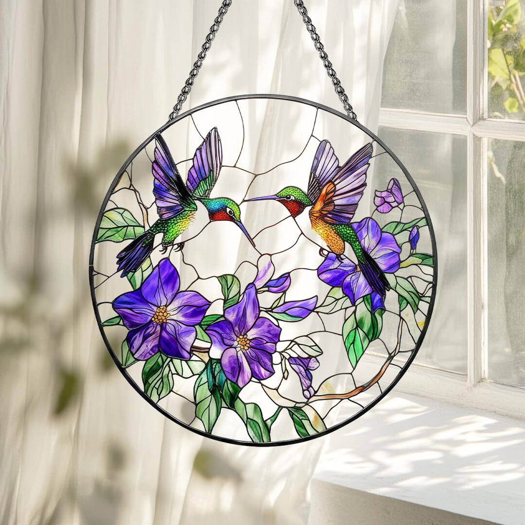 Stained Glass Hummingbird Suncatcher Round Window Hanging Floral Bird ...