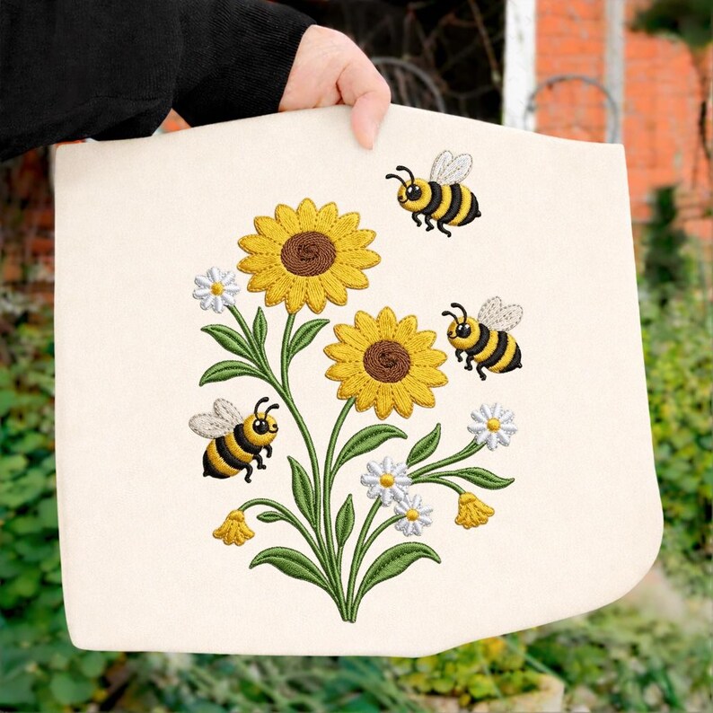 Sunflower Bee Embroidery Design, Floral Bee Pattern, Summer Garden ...