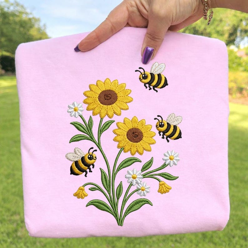 Sunflower Bee Embroidery Design, Floral Bee Pattern, Summer Garden ...