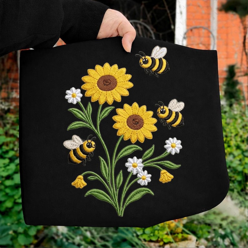 Sunflower Bee Embroidery Design, Floral Bee Pattern, Summer Garden ...