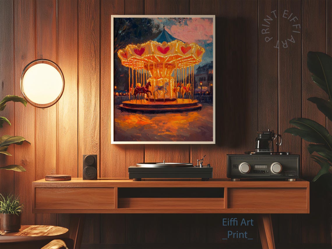 Printable Romantic Carousel at Night - Moody Vintage Fairground Wall ...