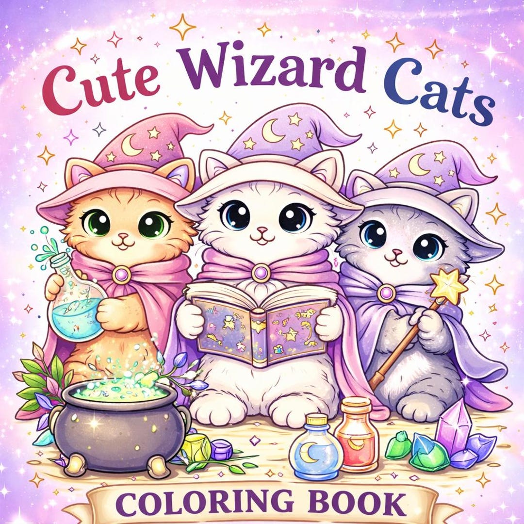 Cute Wizard Cats Coloring Pages • Printable Coloring Book • Magical Cat ...
