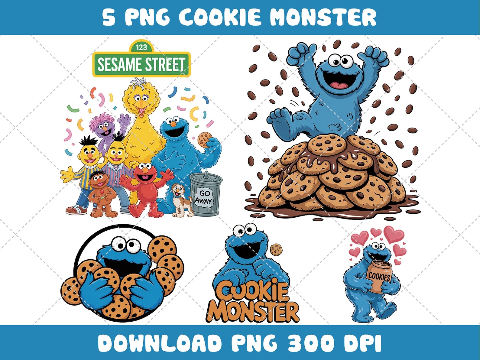 Cookie Monster PNG Bundle 5 Designs – Sesame Street Elmo Big Bird, Me ...