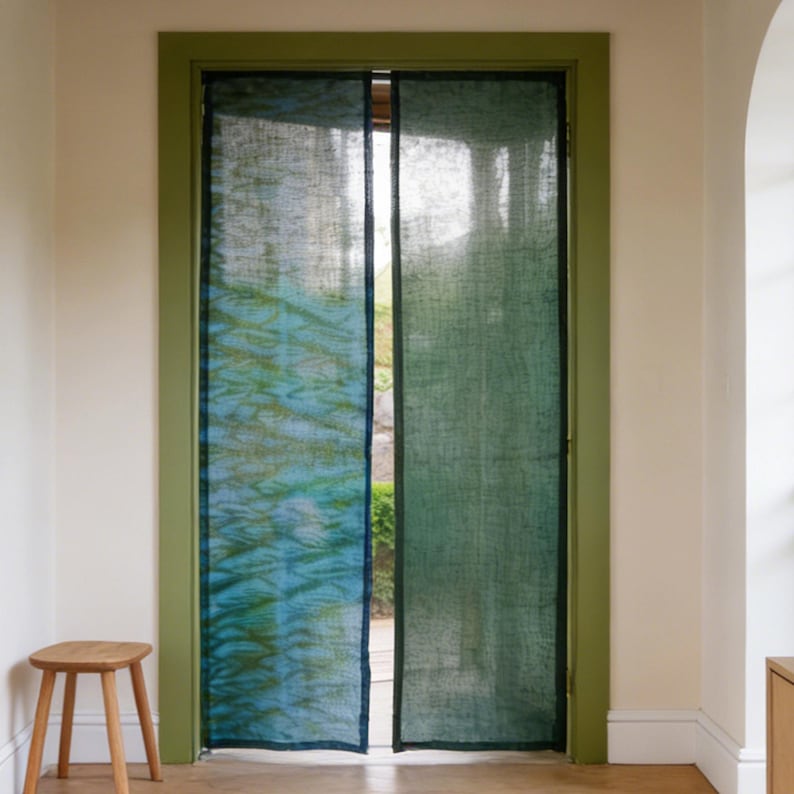 Handmade Linen Noren Curtain – Botanical Dyed Blue Green Room Divider ...