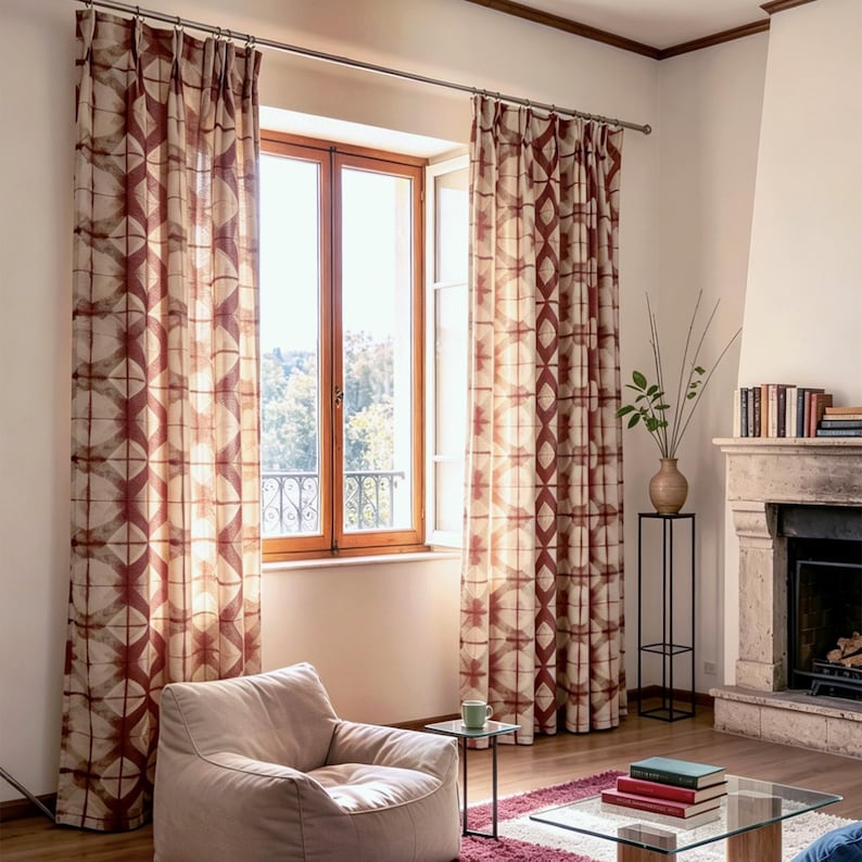 Burgundy Beige Shibori Curtains, Original Exclusive Shibori Pattern ...