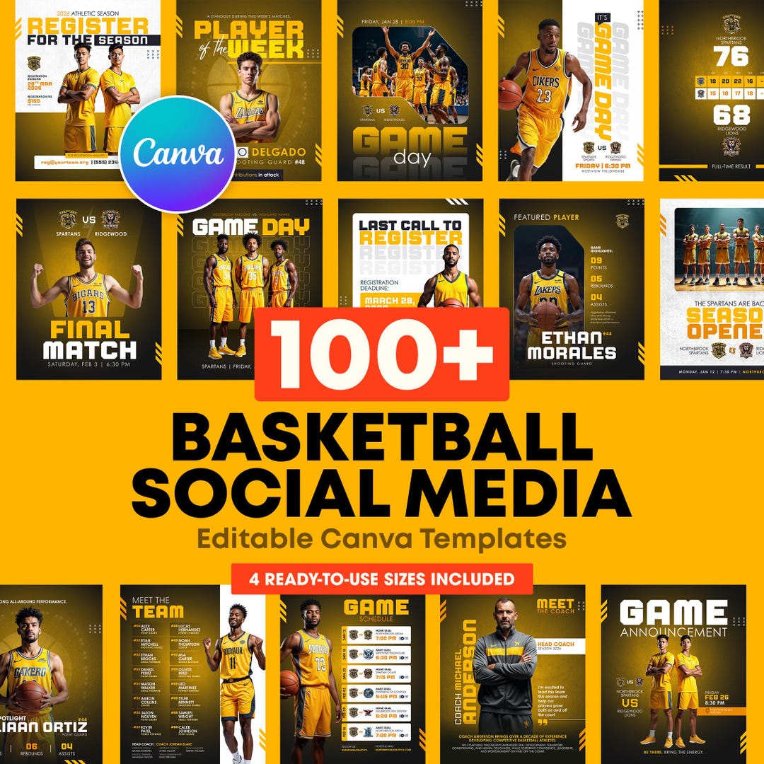100+ Basketball Social Media Template Pack | Editable Canva Designs for ...