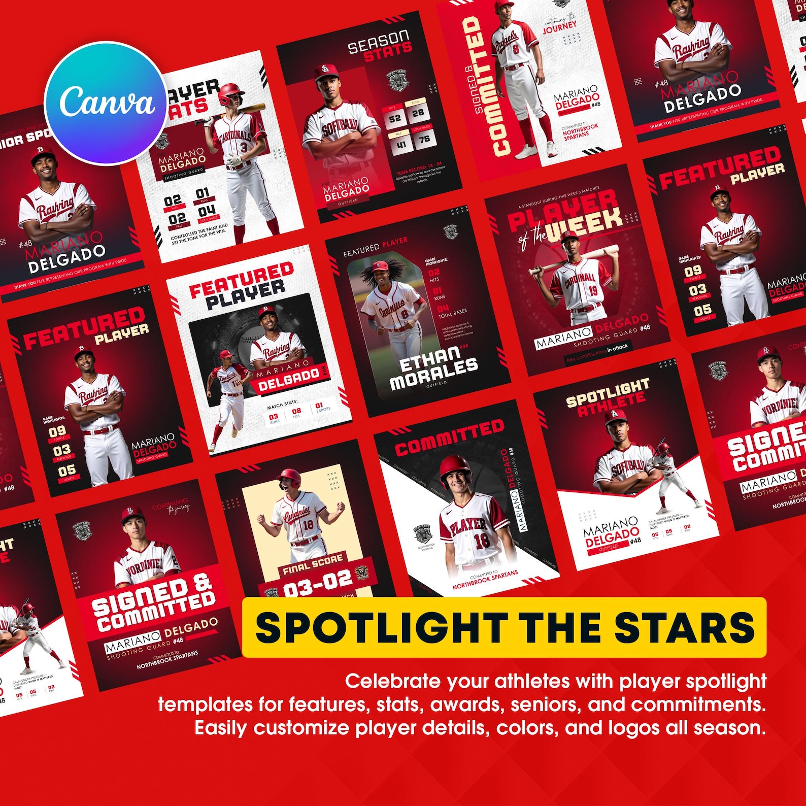 Baseball Social Media Templates Pack | Editable Canva Game Day & Player ...