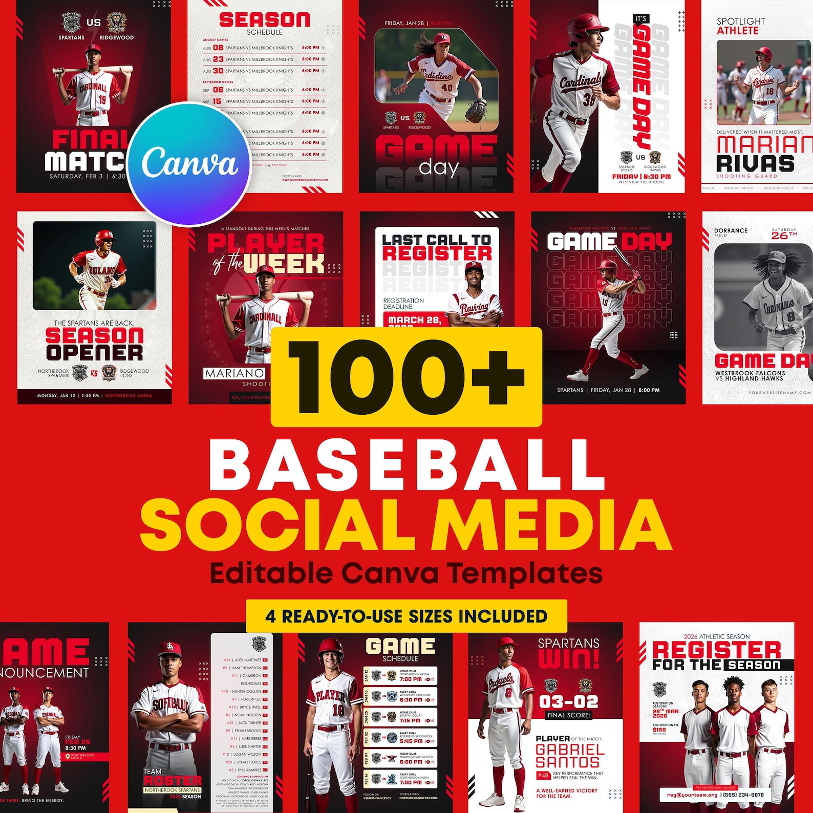 Baseball Social Media Templates Pack | Editable Canva Game Day & Player ...