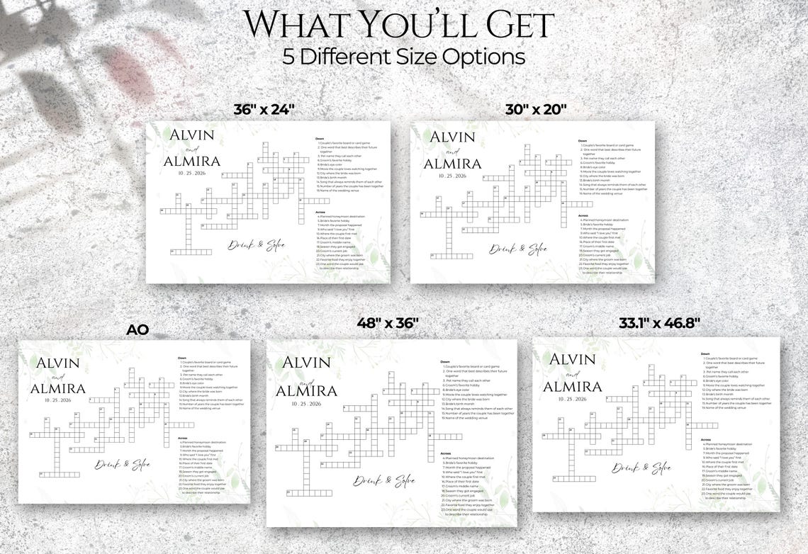 Custom Wedding Crossword Puzzle, Sip & Solve Game (digital Download ...